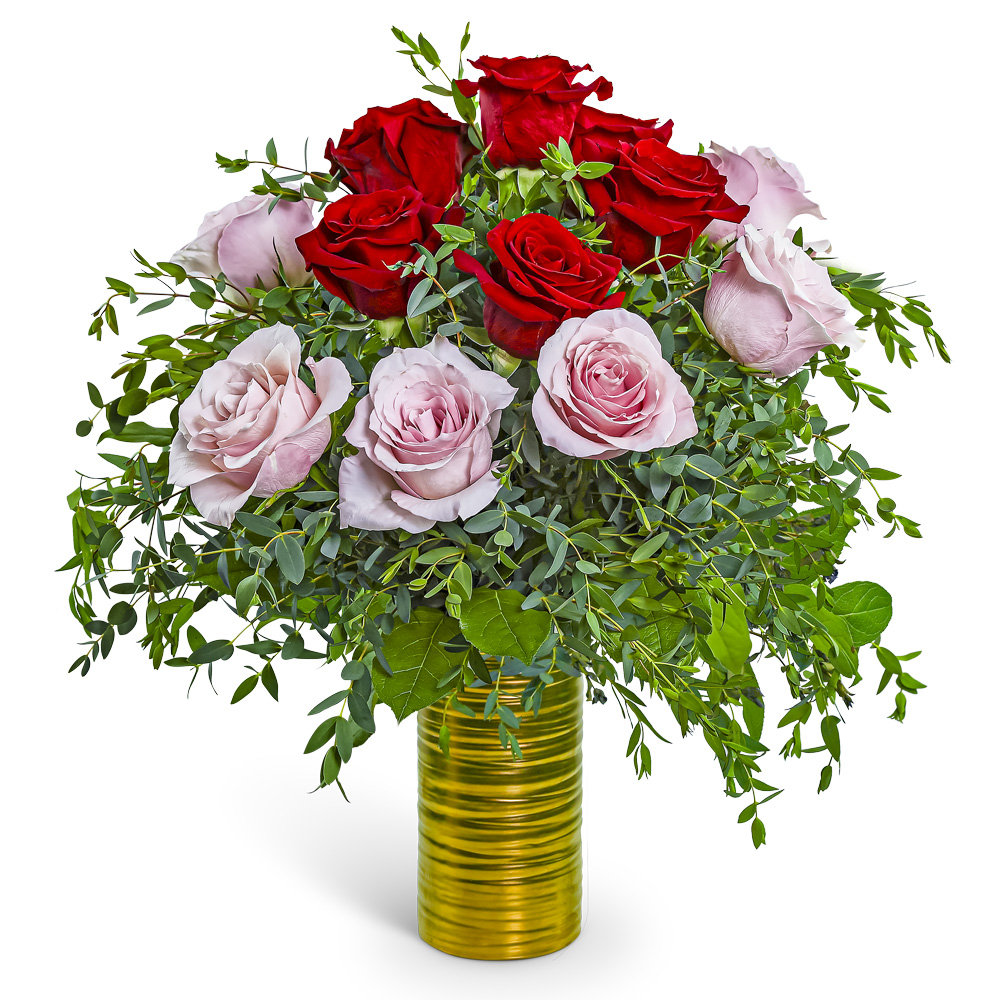 One Dozen Pink and Red Roses in Gold :: Keller & Stein